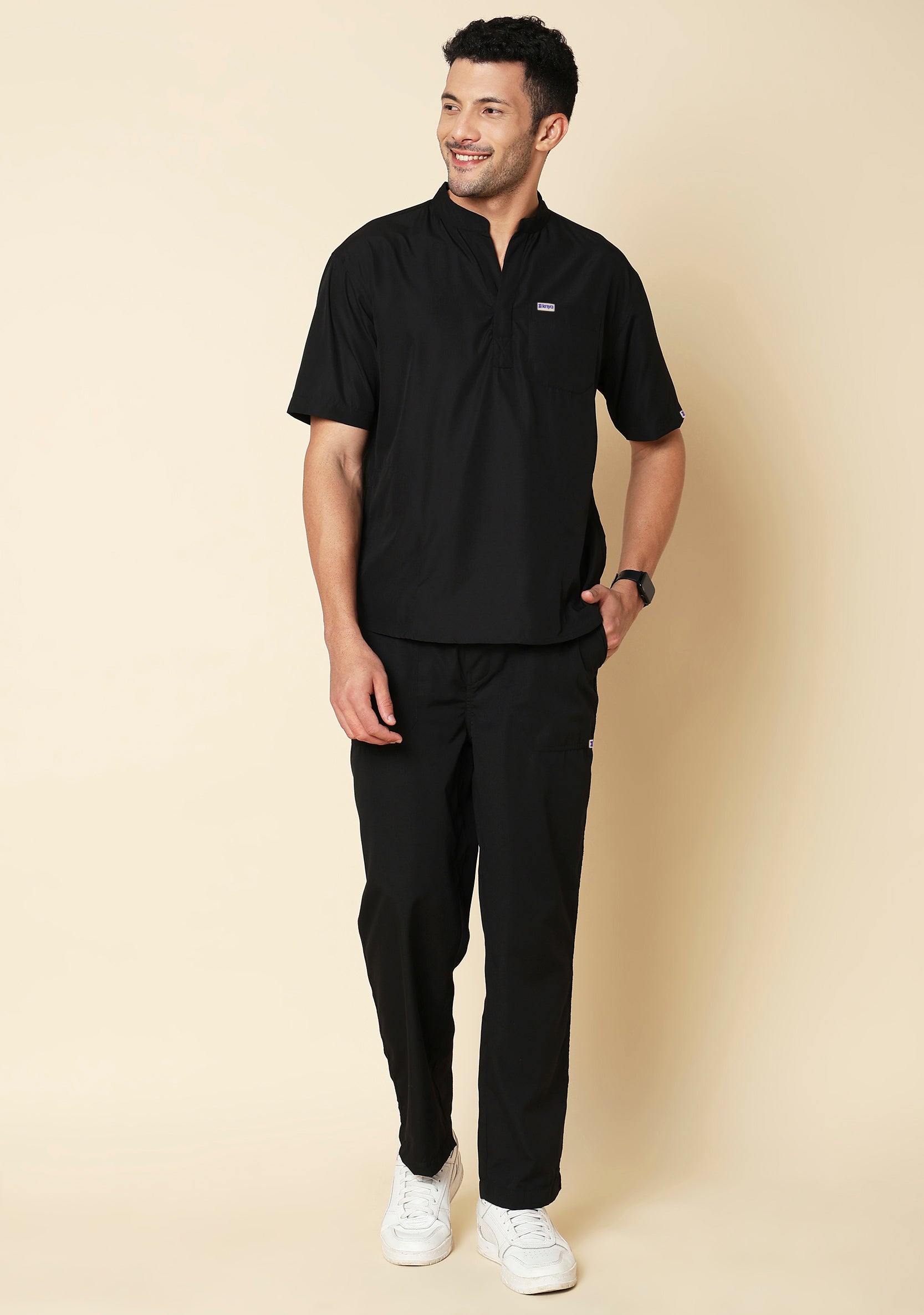 Buy Classic Men's 5-Pocket Mandarin Collar (Black) Scrub Online – Knya