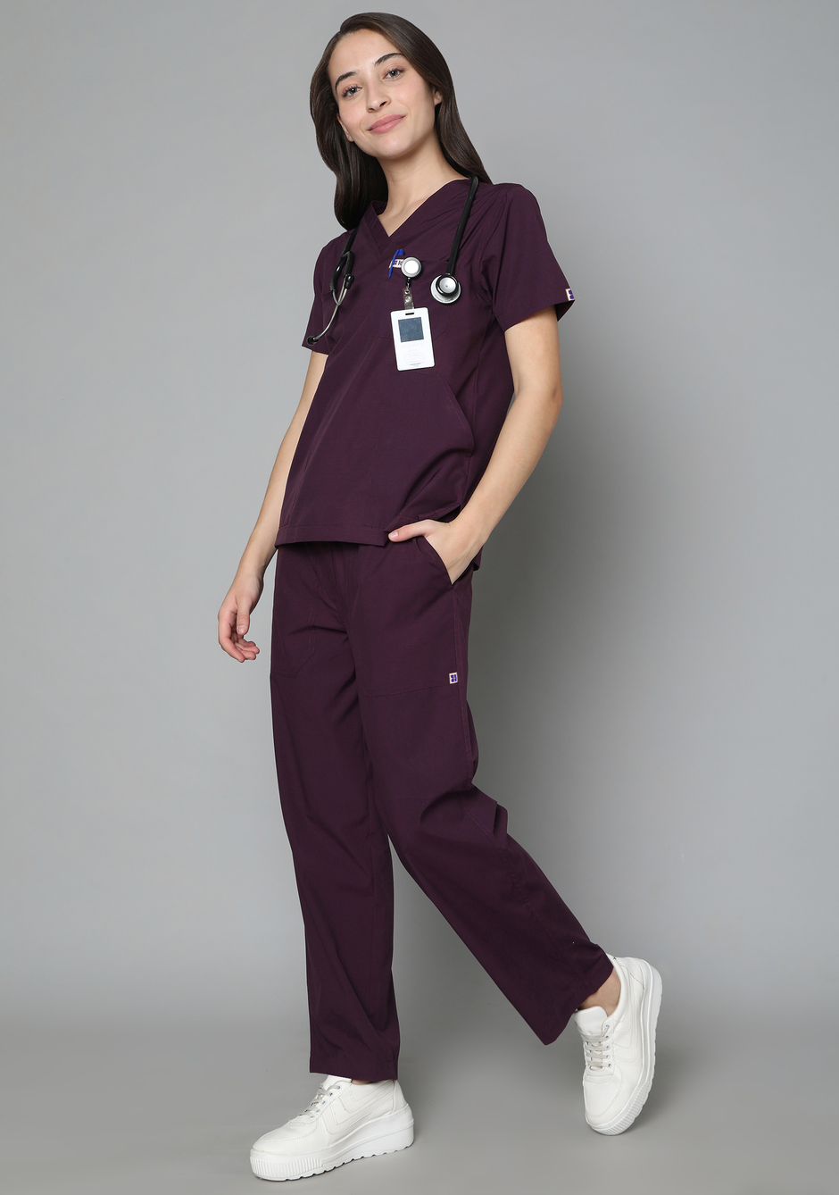 Buy Classic Women's 5-Pocket Mandarin Collar (Wine) Scrub Online – Knya