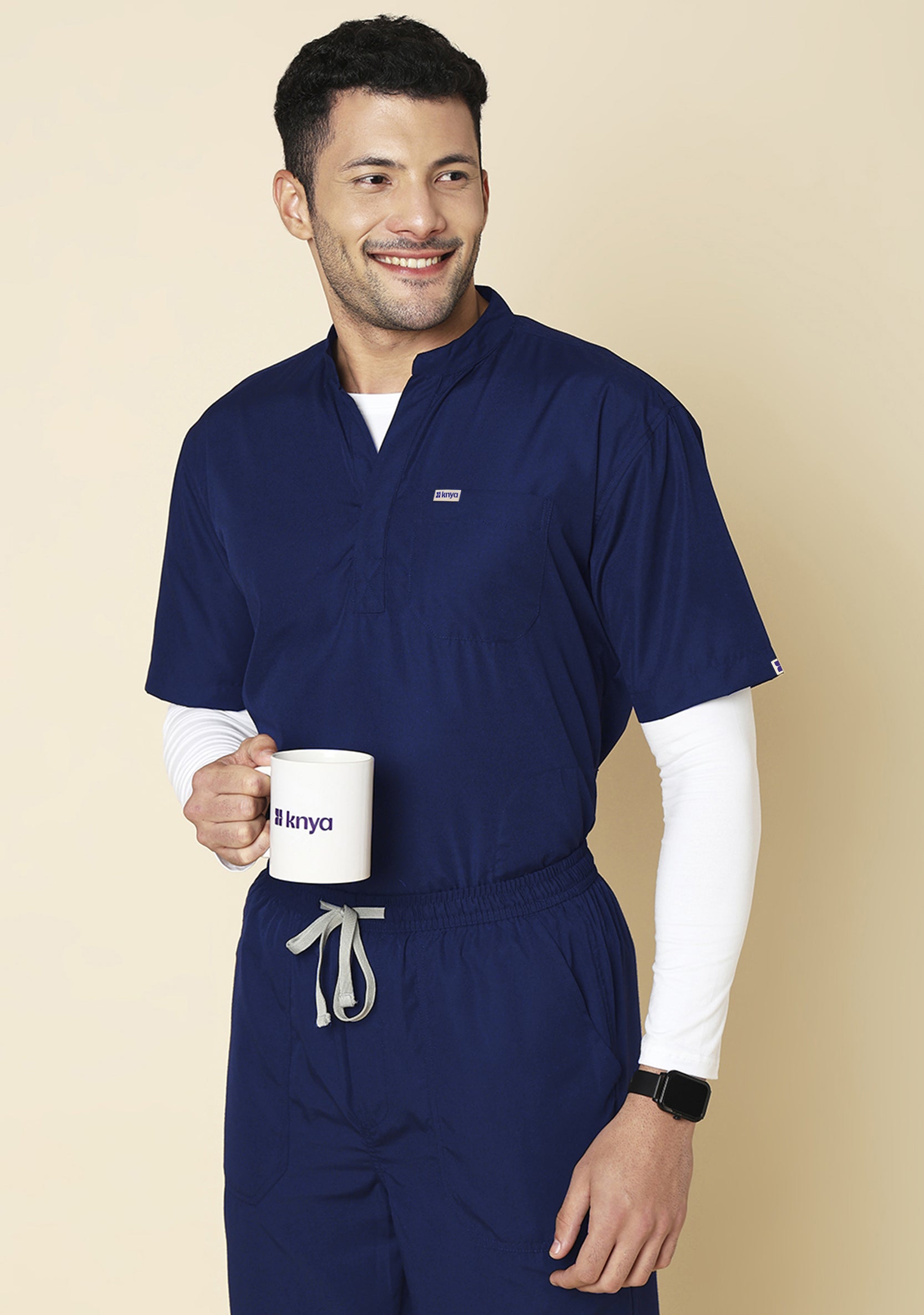 Buy Classic Men's 5-Pocket Mandarin Collar (Navy Blue) Scrub Online – Knya